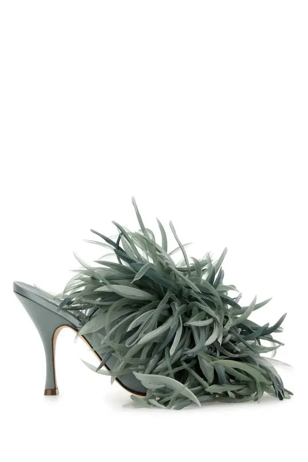 Gucci Sage Satin Mules With Feather Embellishment - Green
