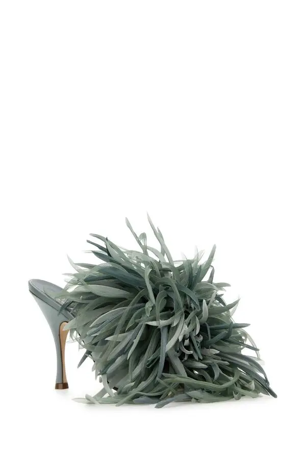 Gucci Sage Satin Mules With Feather Embellishment - Green