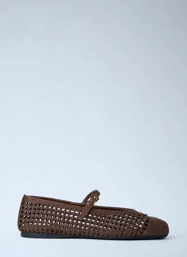 Prada Crochet Knit Ballerina Flats With Side Buckle - Brown