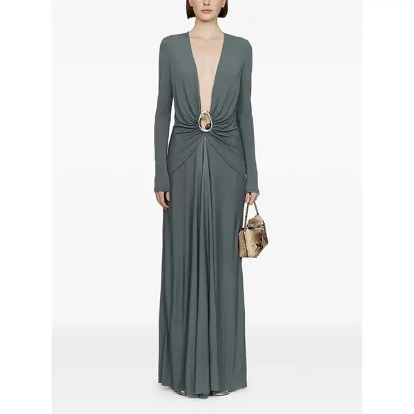 Christopher Esber V-neck Long Sleeve Ruched Crystal Embellishment Floor-length Dress