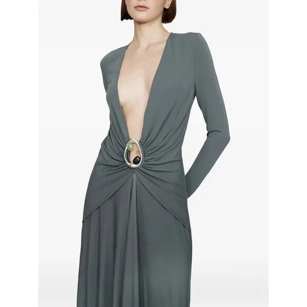 Christopher Esber V-neck Long Sleeve Ruched Crystal Embellishment Floor-length Dress