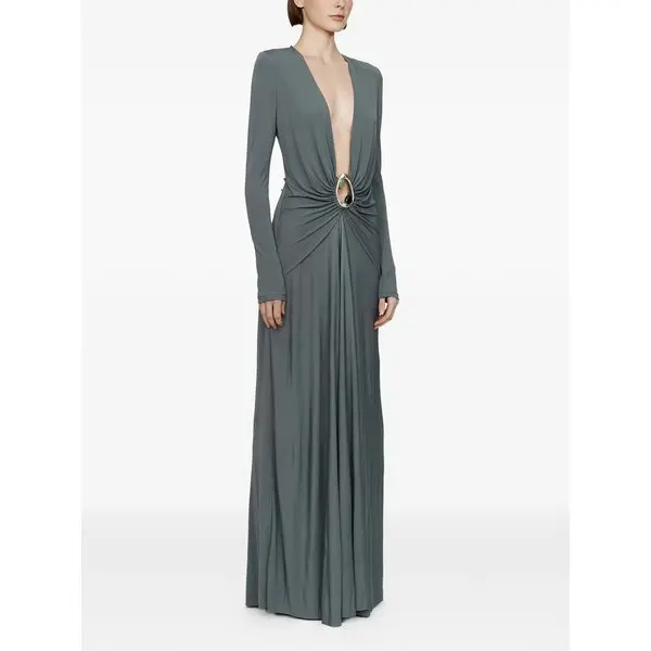 Christopher Esber V-neck Long Sleeve Ruched Crystal Embellishment Floor-length Dress - Gray