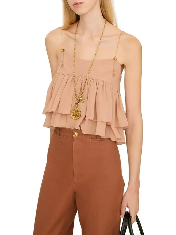 Chloé Sleeveless Ruffle Silk Georgette Top - Pink