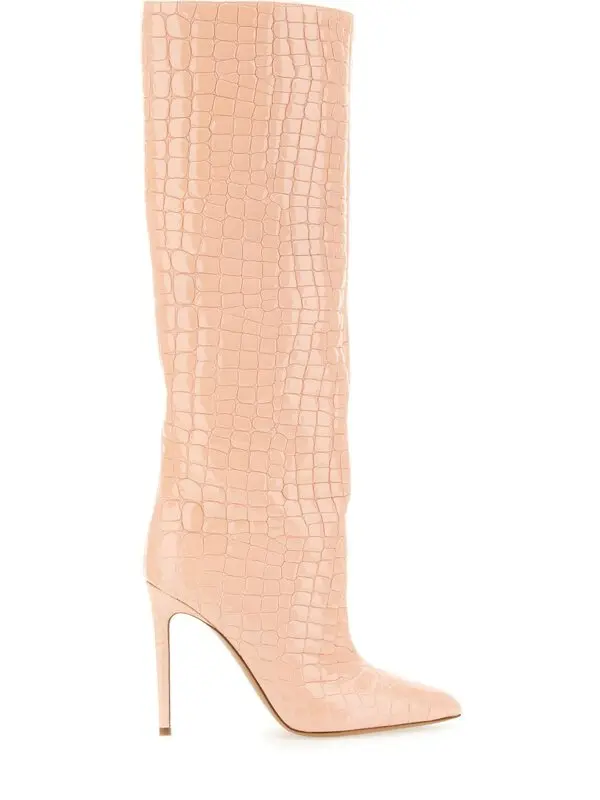 Paris Texas Knee-high Croc Effect Stiletto Boots - Pink