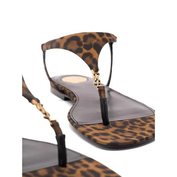 Saint Laurent Leopard Print T-strap Flat Sandals With Buckle Detail