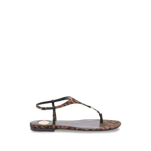 Saint Laurent Leopard Print T-strap Flat Sandals With Buckle Detail - Brown