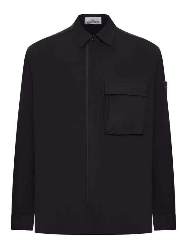 Stone Island Stretch Cotton Canvas Overshirt With Flap Pocket On The Chest - Black