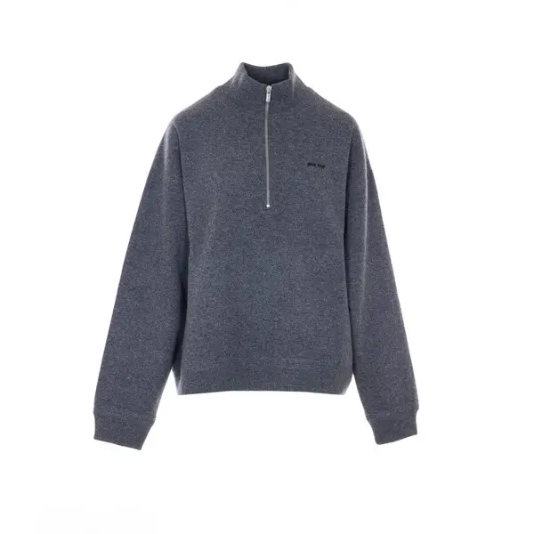 Miu Miu Cashmere Half-zip Turtleneck Sweater With Embroidered Logo - Gray