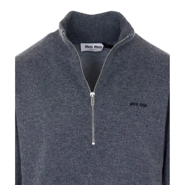 Miu Miu Cashmere Half-zip Turtleneck Sweater With Embroidered Logo - Gray