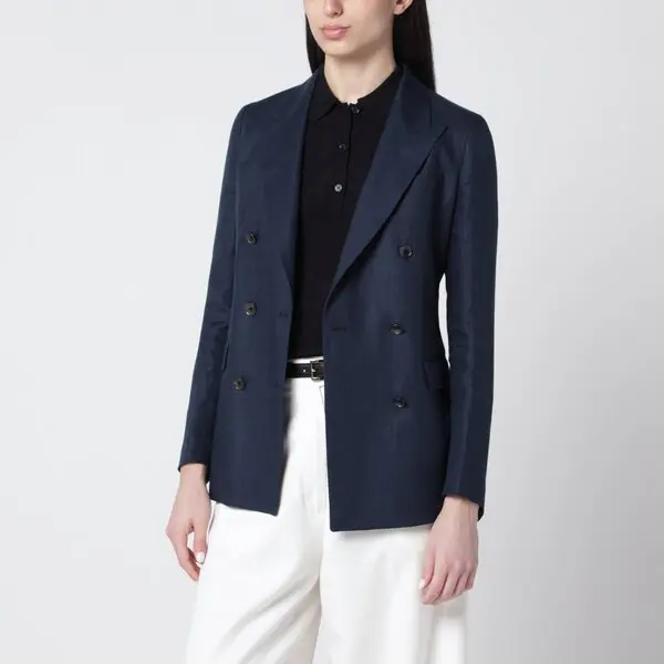Tagliatore Navy Double-breasted Linen Jacket - Blue