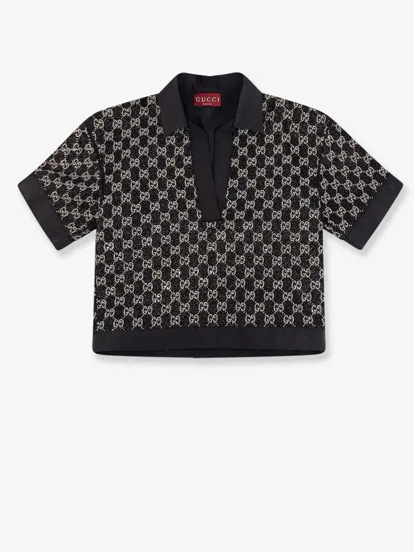 Gucci Lightweight Lame Wool Tweed Top With Gg Crystals - Black