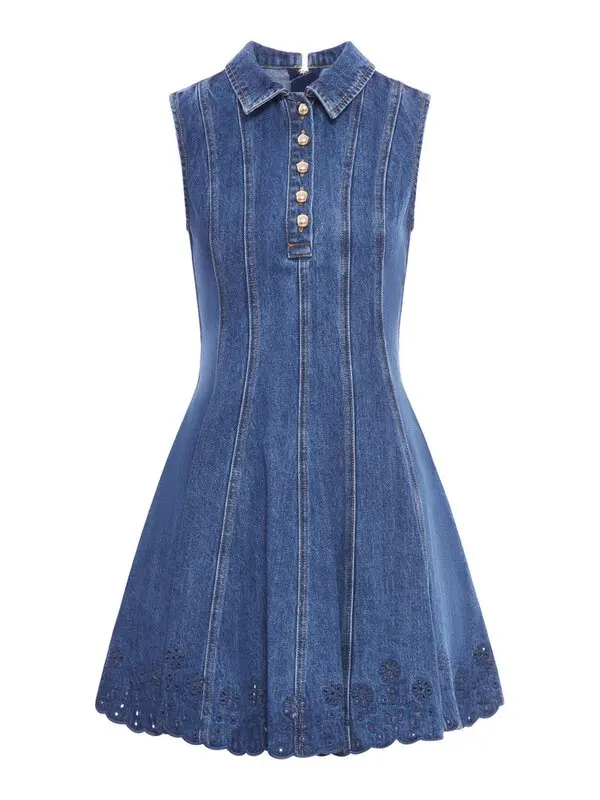 SELF-PORTRAIT Denim Broderie Mini Dress - Blue