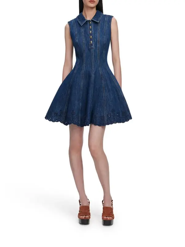 SELF-PORTRAIT Denim Broderie Mini Dress - Blue