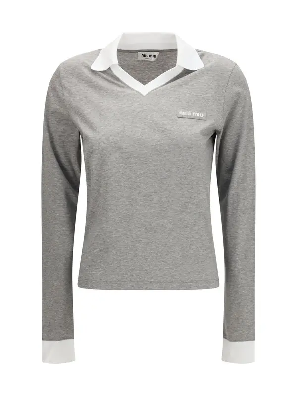 Miu Miu Long-sleeved Cotton Polo T-shirt - Gray