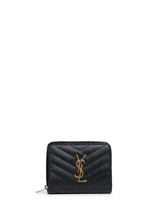 Saint Laurent Black Leather Cassandre Compact Zip Around Wallet - Multicolor