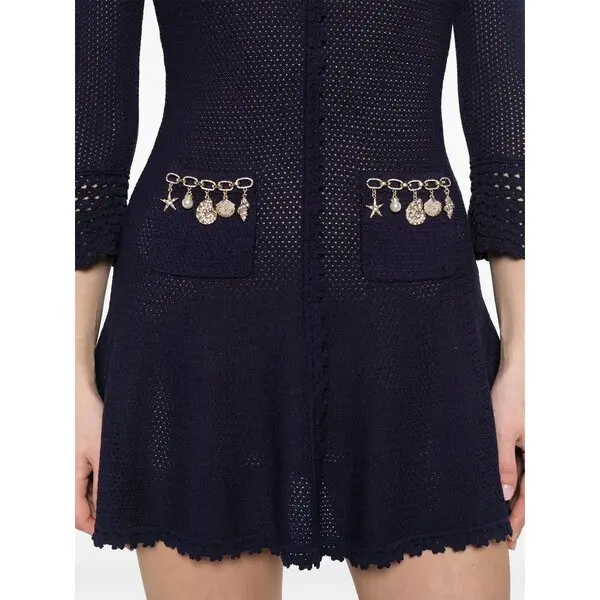 SELF-PORTRAIT Navy Charm Detail Pointelle Knit Dress