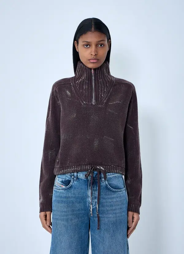 DIESEL® High-neck Zip-detail Wool-blend Sweater - Brown