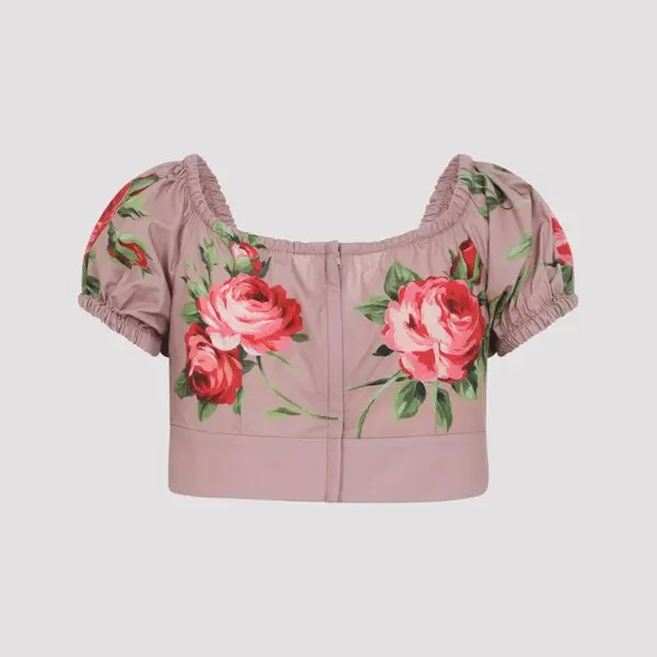 Dolce & Gabbana Rose Print Cotton Cropped Top With Bow Detail