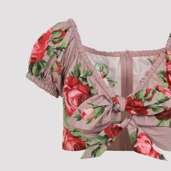 Dolce & Gabbana Rose Print Cotton Cropped Top With Bow Detail