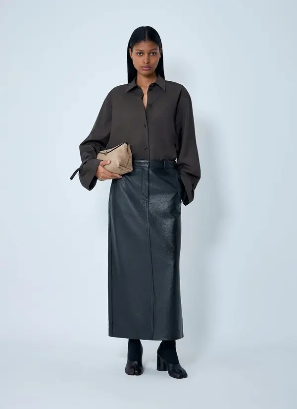 TOTEME Pebble-grain Leather Paneled Skirt