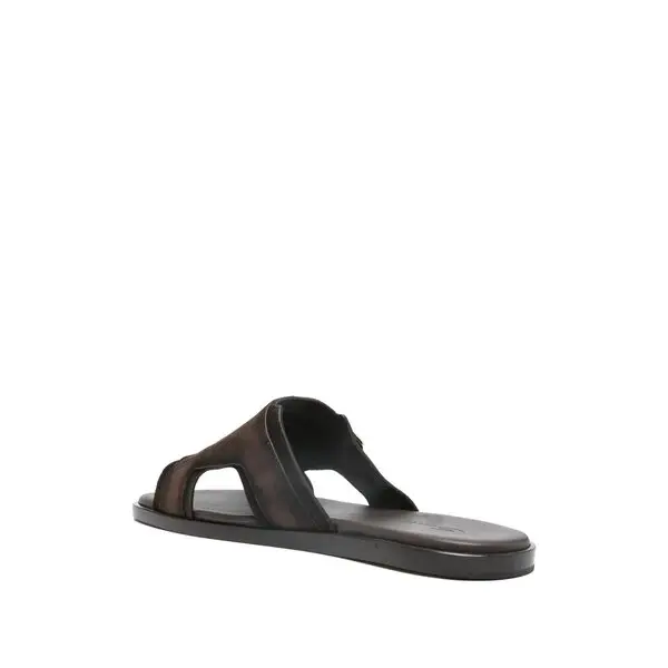 Santoni Dark Suede Buckle Strap Open Toe Flat Sandals