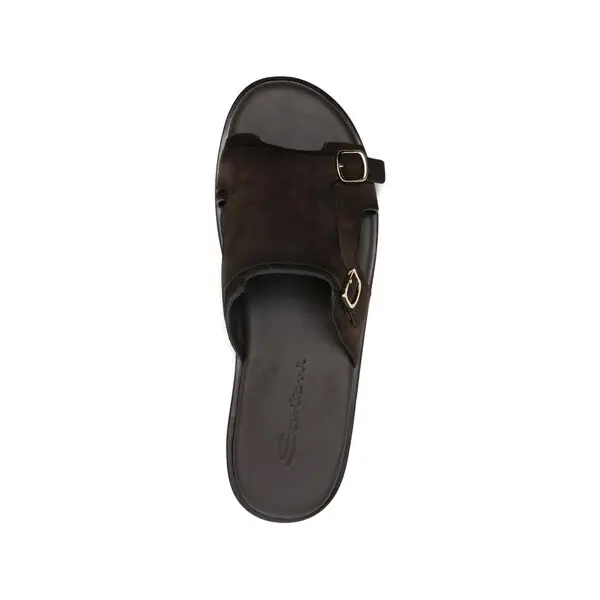 Santoni Dark Suede Buckle Strap Open Toe Flat Sandals - Brown