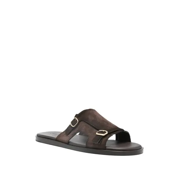Santoni Dark Suede Buckle Strap Open Toe Flat Sandals - Brown