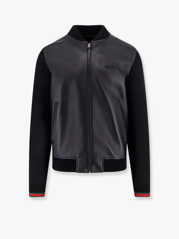Gucci Leather And Wool Zip-up Jacket With Web Detail - Multicolor