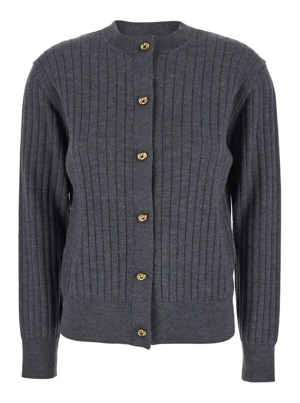 Bottega Veneta Grey Wool Crewneck Cardigan With Knot Button Closure - Multicolor