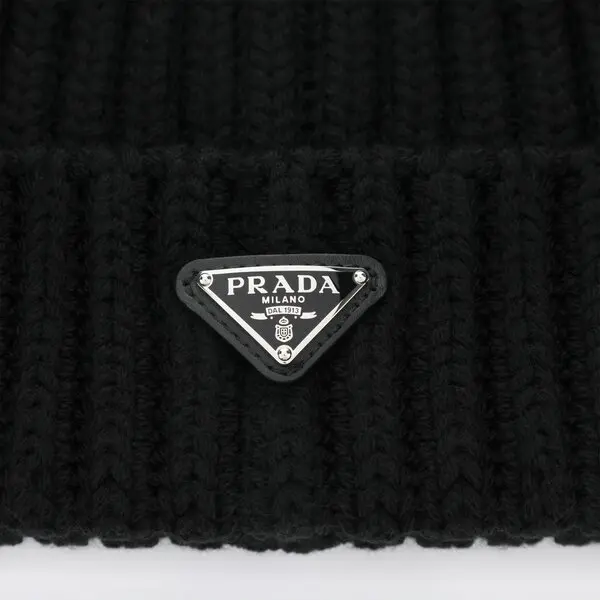 Prada Virgin Wool Beanie With Enamelled Triangle Logo - Black