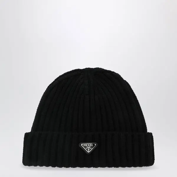 Prada Virgin Wool Beanie With Enamelled Triangle Logo - Black