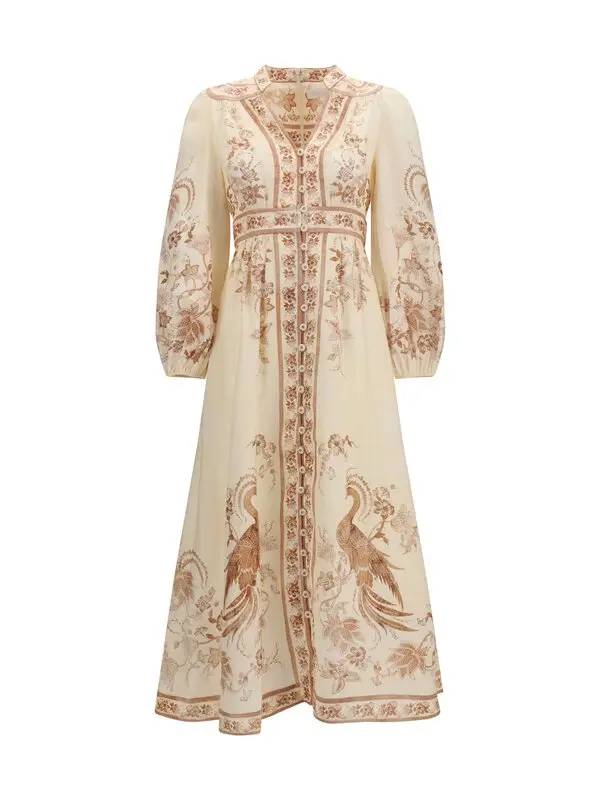Zimmermann Indra Plunge Floral Midi Dress - Cream