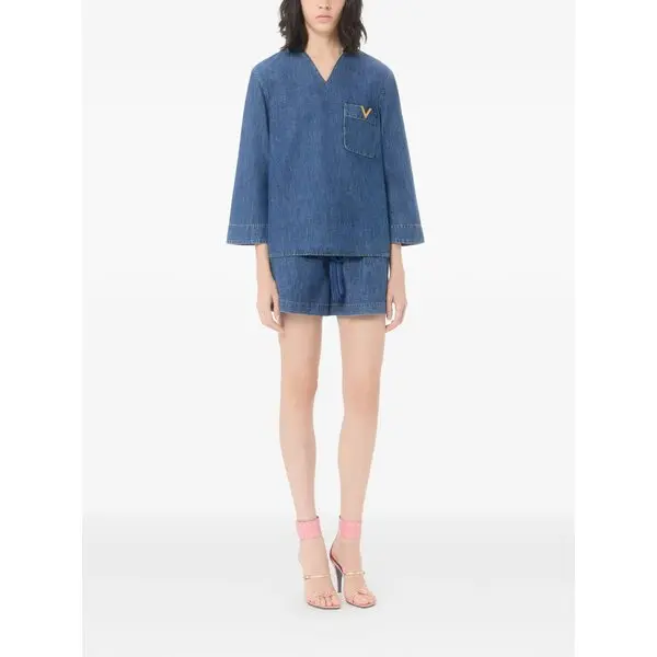 Valentino Garavani Chambray Shorts With Drawstring Waist - Blue