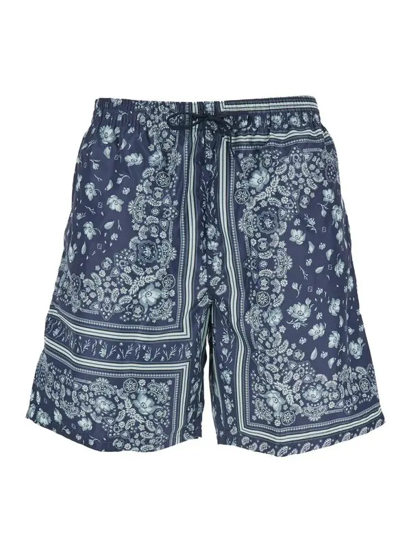 Fendi Blue Swimsuit With Elasticated Waist And All-over Ff Motif In Tech Fabric - Multicolor