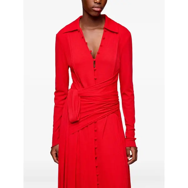 GANNI Long Sleeve Shirt Dress With Tie Detail - Red