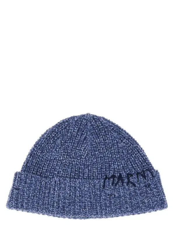 Marni Ribbed Beanie Hat With Embroidered Logo - Blue