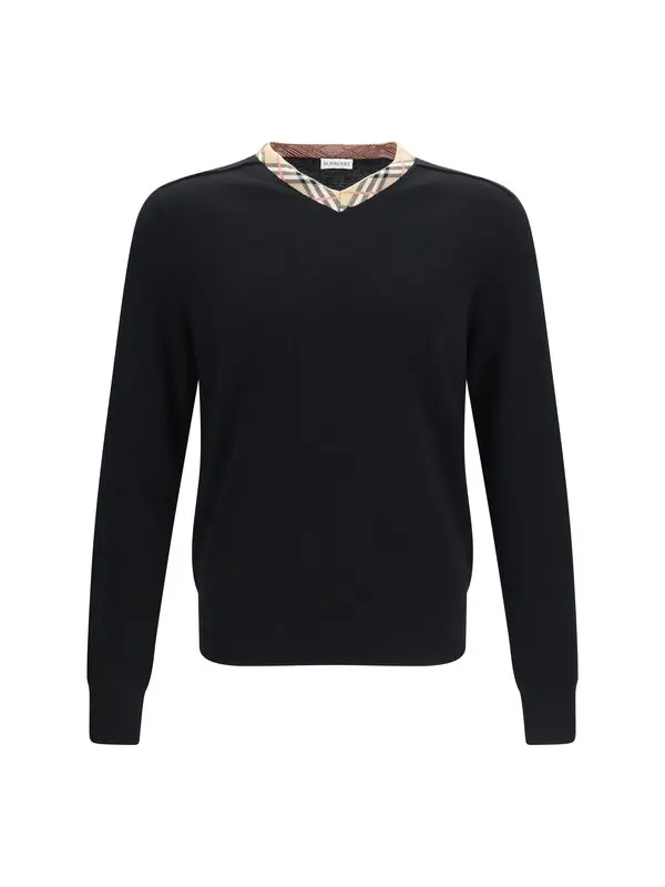 Burberry V-neck Wool Sweater With Check Trim