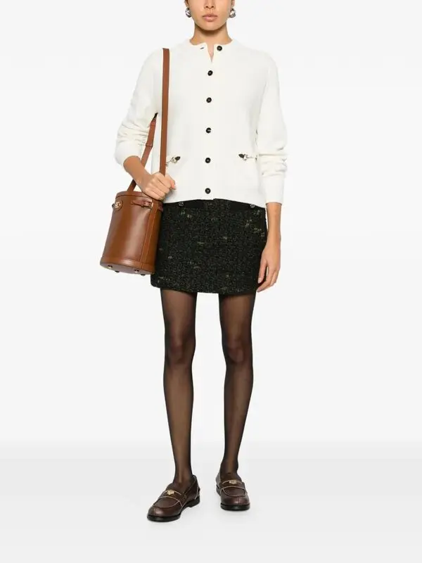 Gucci White Cashmere Wool Crewneck Cardigan With Leather Detail