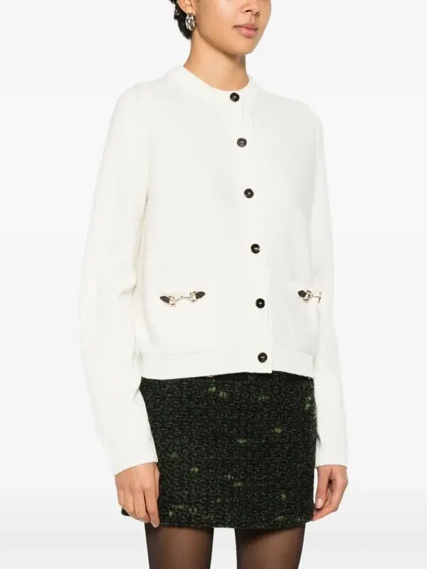 Gucci White Cashmere Wool Crewneck Cardigan With Leather Detail