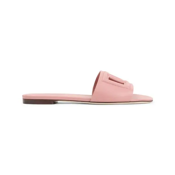 Dolce & Gabbana Pink Leather Flat Slides Sandals With Dg Emblem - Multicolor