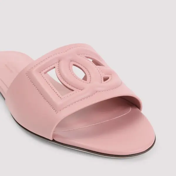 Dolce & Gabbana Pink Leather Flat Slides Sandals With Dg Emblem - Multicolor