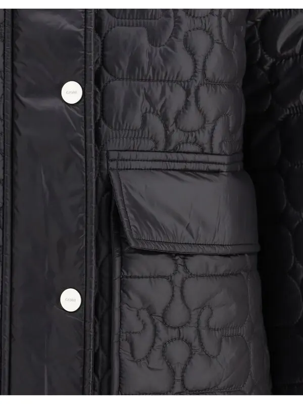 GANNI Quilted Glossy Finish Down Jacket With Corduroy Collar - Gray