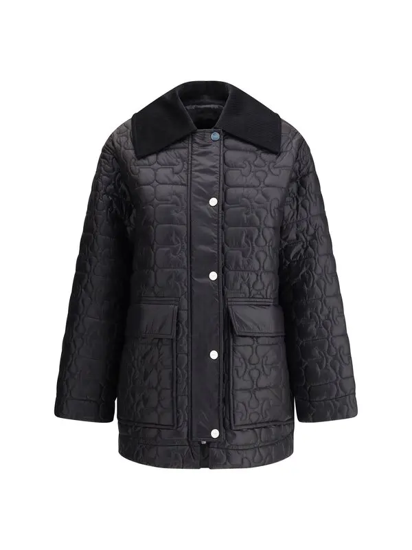 GANNI Quilted Glossy Finish Down Jacket With Corduroy Collar - Gray