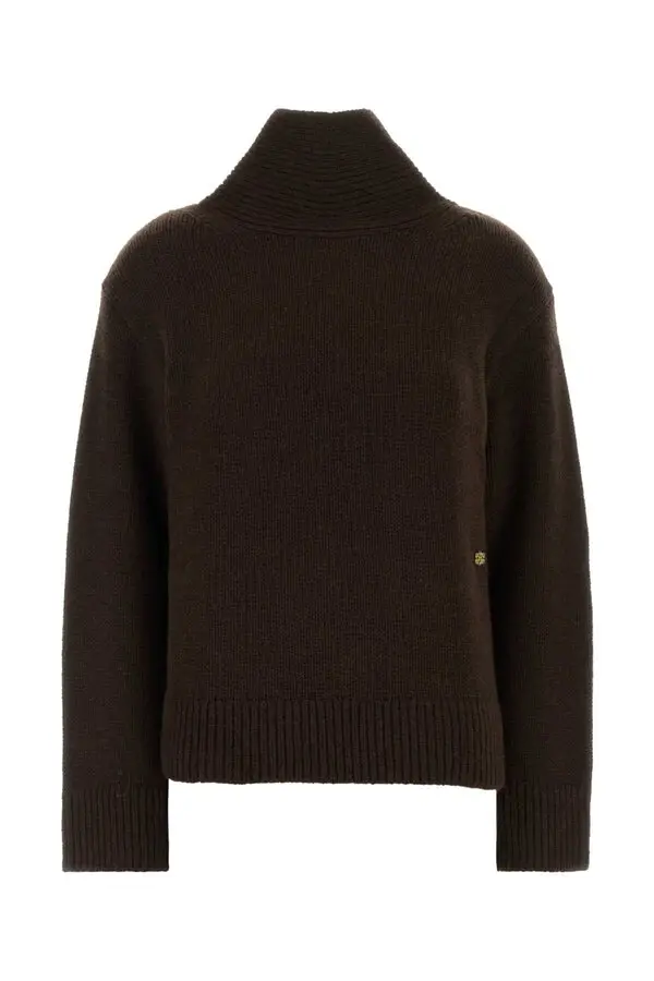GANNI Wool And Yak Ribbed High Neck Sweater - Brown