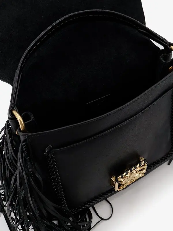 Burberry Rider Leather Shoulder Bag With Fringed Edges - Black