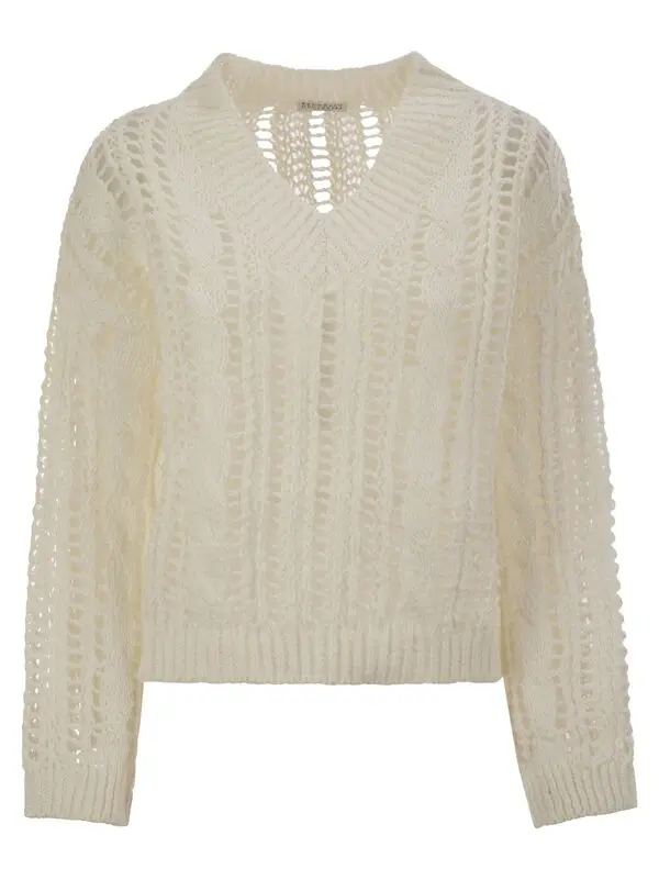 Brunello Cucinelli Cable & Mesh Jute And Cotton Blend V-neck Pullover