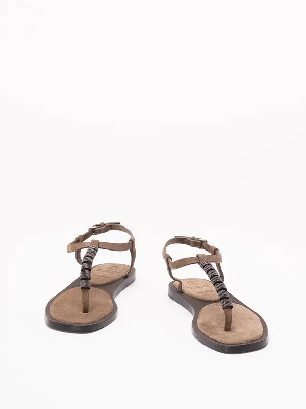 Brunello Cucinelli Calf Leather Embellished Flat Sandals