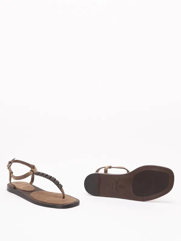 Brunello Cucinelli Calf Leather Embellished Flat Sandals
