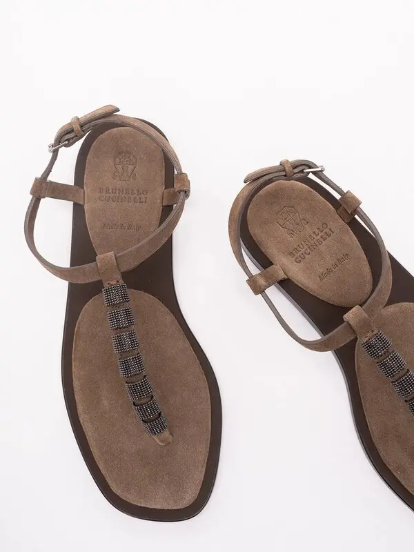 Brunello Cucinelli Calf Leather Embellished Flat Sandals
