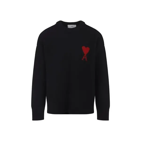 AMI Paris Wool Crewneck Sweater With Red Logo Inlay - Black